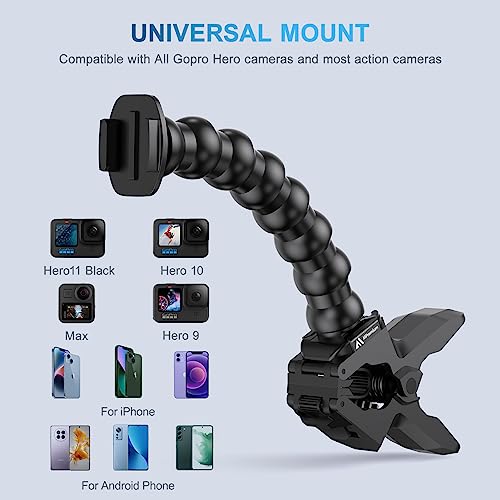 Jaws Flex Clamp Mount with Adjustable Gooseneck for GoPro Hero 11, 10, 9, 8, 7, 6, 5, 4, Session 3+, 3, 2, 1 Max, Hero (2018) Fusion, DJI Osmo Cameras Compatible with 4-7'' Smartphone