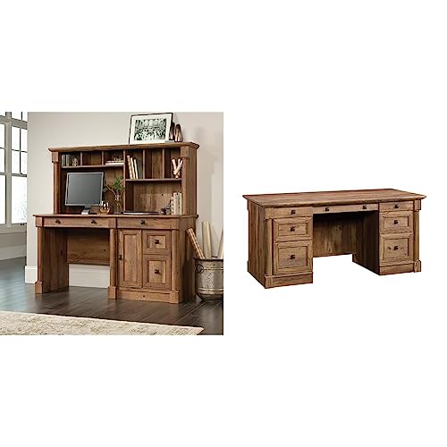 Sauder Palladia Desk with Hutch, L: 59.49" x W: 23.54" x H: 56.5", Vintage Oak Finish & Palladia Executive Desk, Vintage Oak Finish