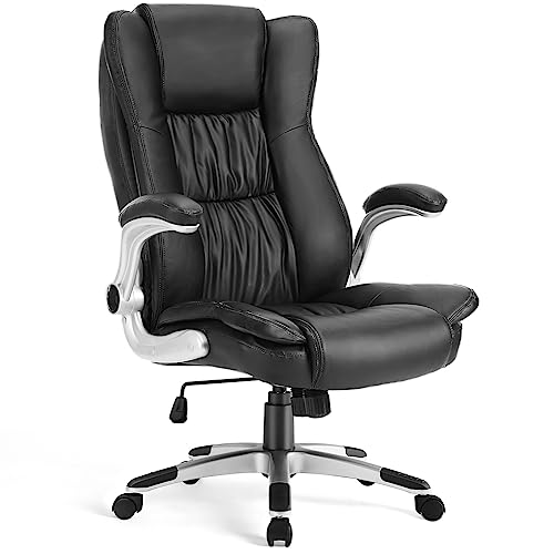 Ergonomic Office Chair High Back Executive Office Desk Chairs with Lumbar Support Flip-up Padded Armrests, PU Leather Office Chair Big and Tall Computer Desk Chair Adjustable Height, Black