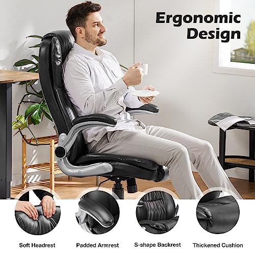 Ergonomic Office Chair High Back Executive Office Desk Chairs with Lumbar Support Flip-up Padded Armrests, PU Leather Office Chair Big and Tall Computer Desk Chair Adjustable Height, Black