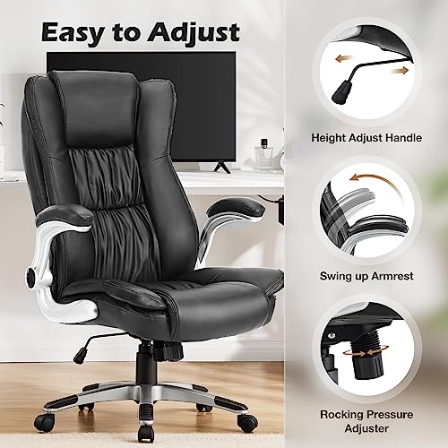 Ergonomic Office Chair High Back Executive Office Desk Chairs with Lumbar Support Flip-up Padded Armrests, PU Leather Office Chair Big and Tall Computer Desk Chair Adjustable Height, Black