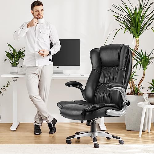 Ergonomic Office Chair High Back Executive Office Desk Chairs with Lumbar Support Flip-up Padded Armrests, PU Leather Office Chair Big and Tall Computer Desk Chair Adjustable Height, Black