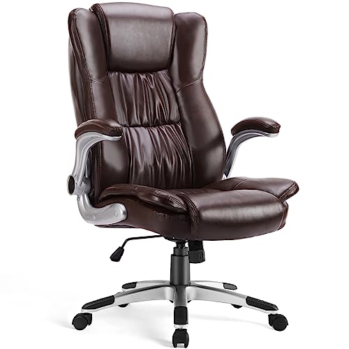 Ergonomic Office Chair High Back Executive Office Desk Chairs with Lumbar Support Flip-up Padded Armrests, PU Leather Office Chair Big and Tall Computer Desk Chair Adjustable Height, Brown