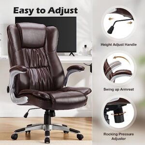 Ergonomic Office Chair High Back Executive Office Desk Chairs with Lumbar Support Flip-up Padded Armrests, PU Leather Office Chair Big and Tall Computer Desk Chair Adjustable Height, Brown