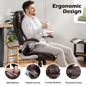 Ergonomic Office Chair High Back Executive Office Desk Chairs with Lumbar Support Flip-up Padded Armrests, PU Leather Office Chair Big and Tall Computer Desk Chair Adjustable Height, Brown