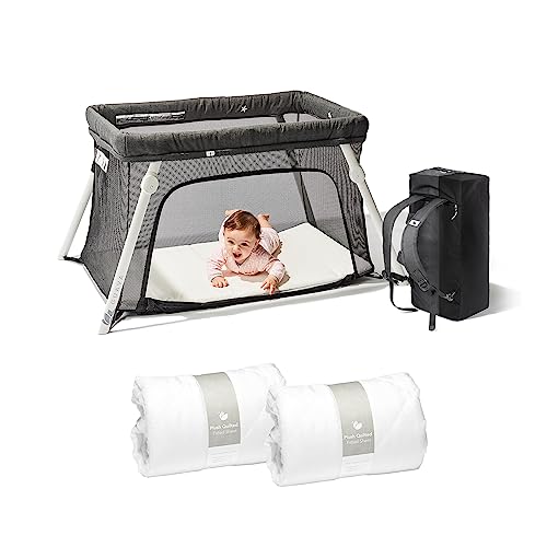 Guava Lotus Travel Crib Bundle with Two Quilted Sheets & Mattress | Play Yard with Lightweight Backpack Design | Certified Baby Safe Portable Crib | Folding Portable Playpen for Babies & Toddlers