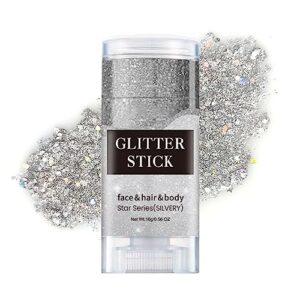 erinde silver body glitter stick, singer concerts face shimmer glitter gel, mermaid chunky glitter sequins, music festival rave accessories hair sparkling holographic glitter makeup, 0.56oz