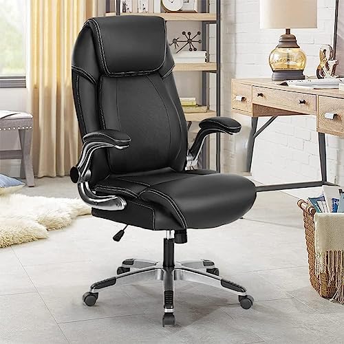 KCREAM Comfortable Executive Office Chairs with Back Support & Flip up Arms, 90-120° Rocking Faux Leather Ergonomic Home Desk Chairs Managerial Chair (Black)