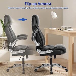 KCREAM Comfortable Executive Office Chairs with Back Support & Flip up Arms, 90-120° Rocking Faux Leather Ergonomic Home Desk Chairs Managerial Chair (Black)