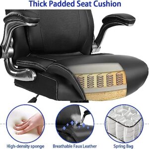 KCREAM Comfortable Executive Office Chairs with Back Support & Flip up Arms, 90-120° Rocking Faux Leather Ergonomic Home Desk Chairs Managerial Chair (Black)