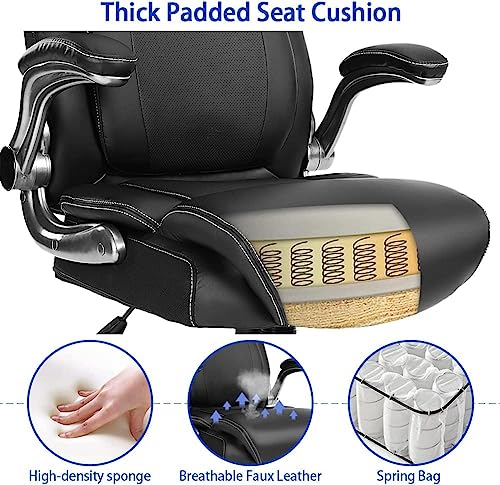 KCREAM Comfortable Executive Office Chairs with Back Support & Flip up Arms, 90-120° Rocking Faux Leather Ergonomic Home Desk Chairs Managerial Chair (Black)