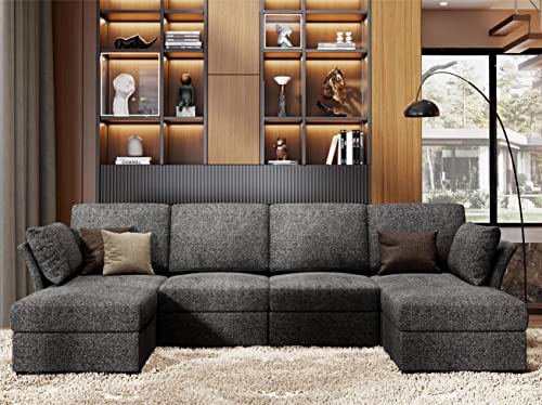 VanAcc Sectional Couch 6 Seats, Modular Sectional Sofa U Shaped sectional with Ottomans, Reversible Sofa Couch for Living Room, Grey Chenille