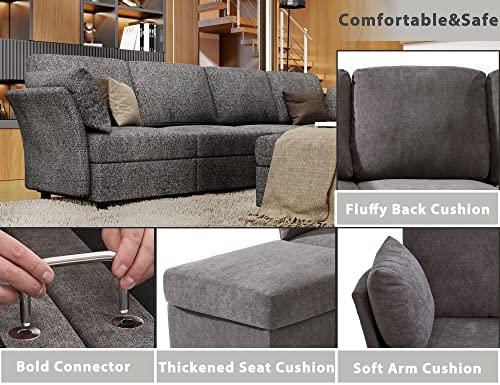 VanAcc Sectional Couch 6 Seats, Modular Sectional Sofa U Shaped sectional with Ottomans, Reversible Sofa Couch for Living Room, Grey Chenille