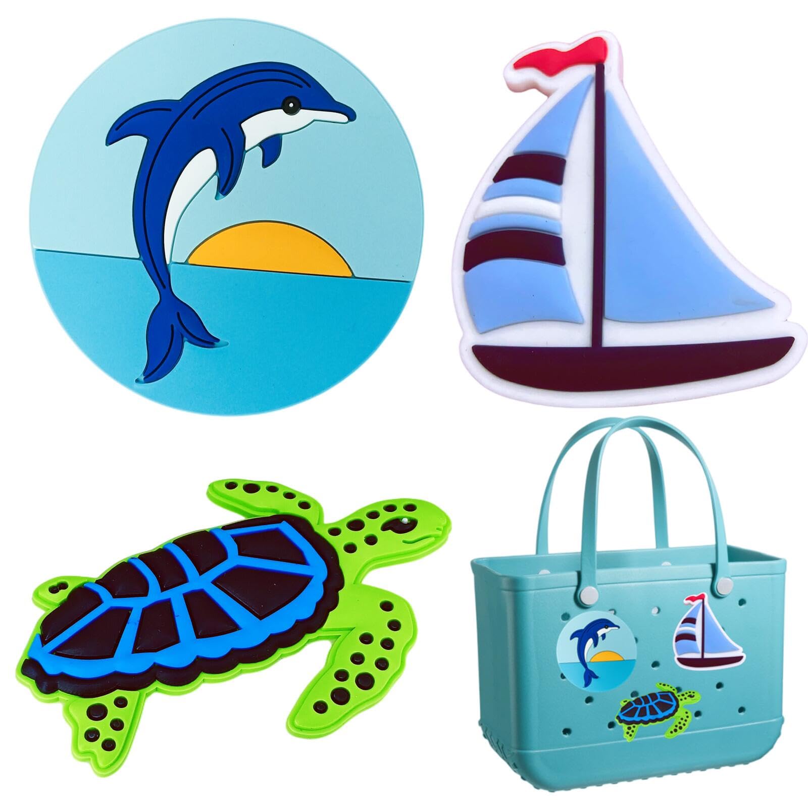 Lovyit Charm Accessories for Bogg Bag - Rubber Beach Bag Accessories Charm Insert, 3pcs Flowers Dolphin Beach Totes Charm Decoration Insert for Simply Southern Beach Totes Bag (3pcs, Dophlin+Sail)