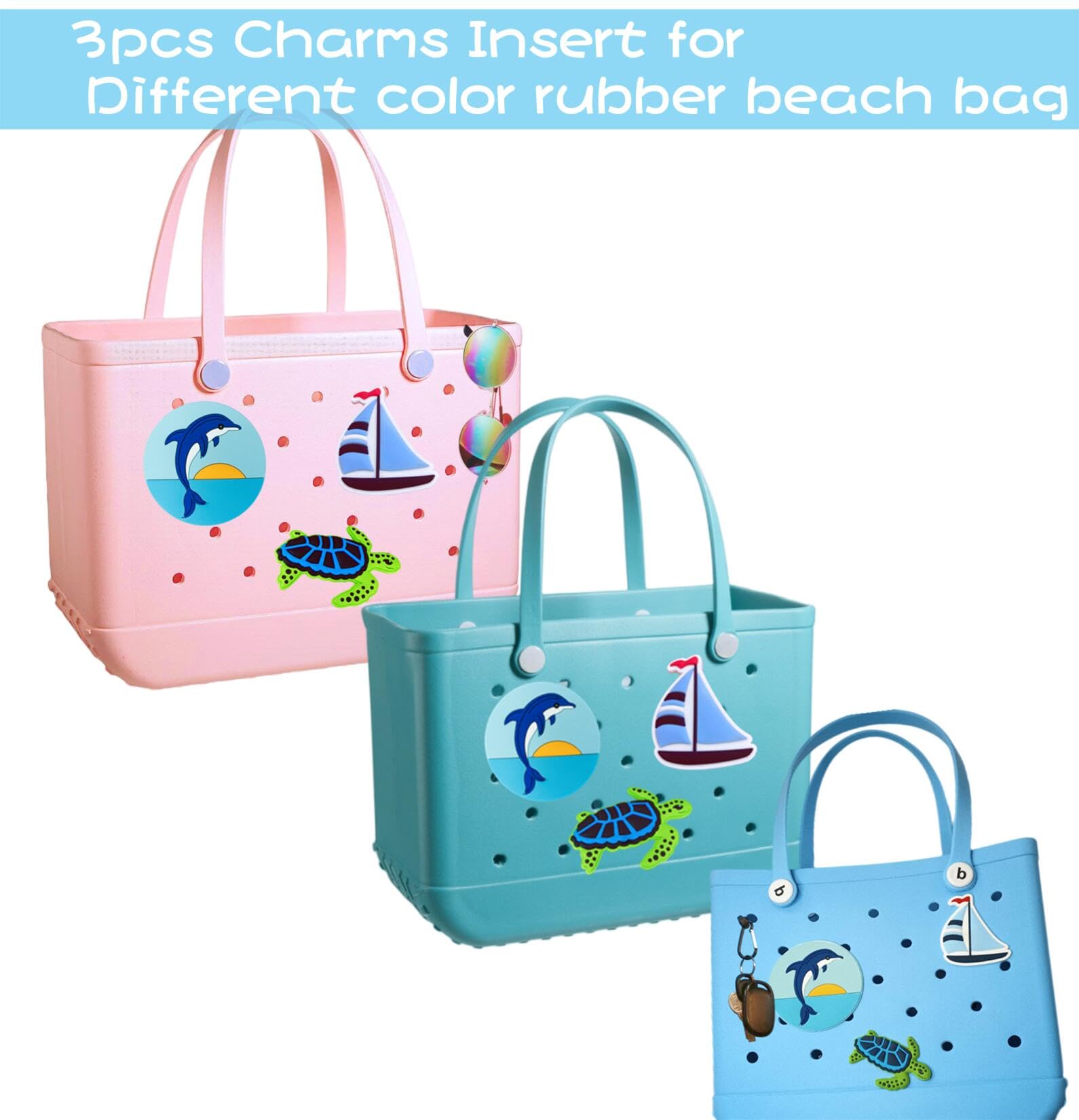 Lovyit Charm Accessories for Bogg Bag - Rubber Beach Bag Accessories Charm Insert, 3pcs Flowers Dolphin Beach Totes Charm Decoration Insert for Simply Southern Beach Totes Bag (3pcs, Dophlin+Sail)