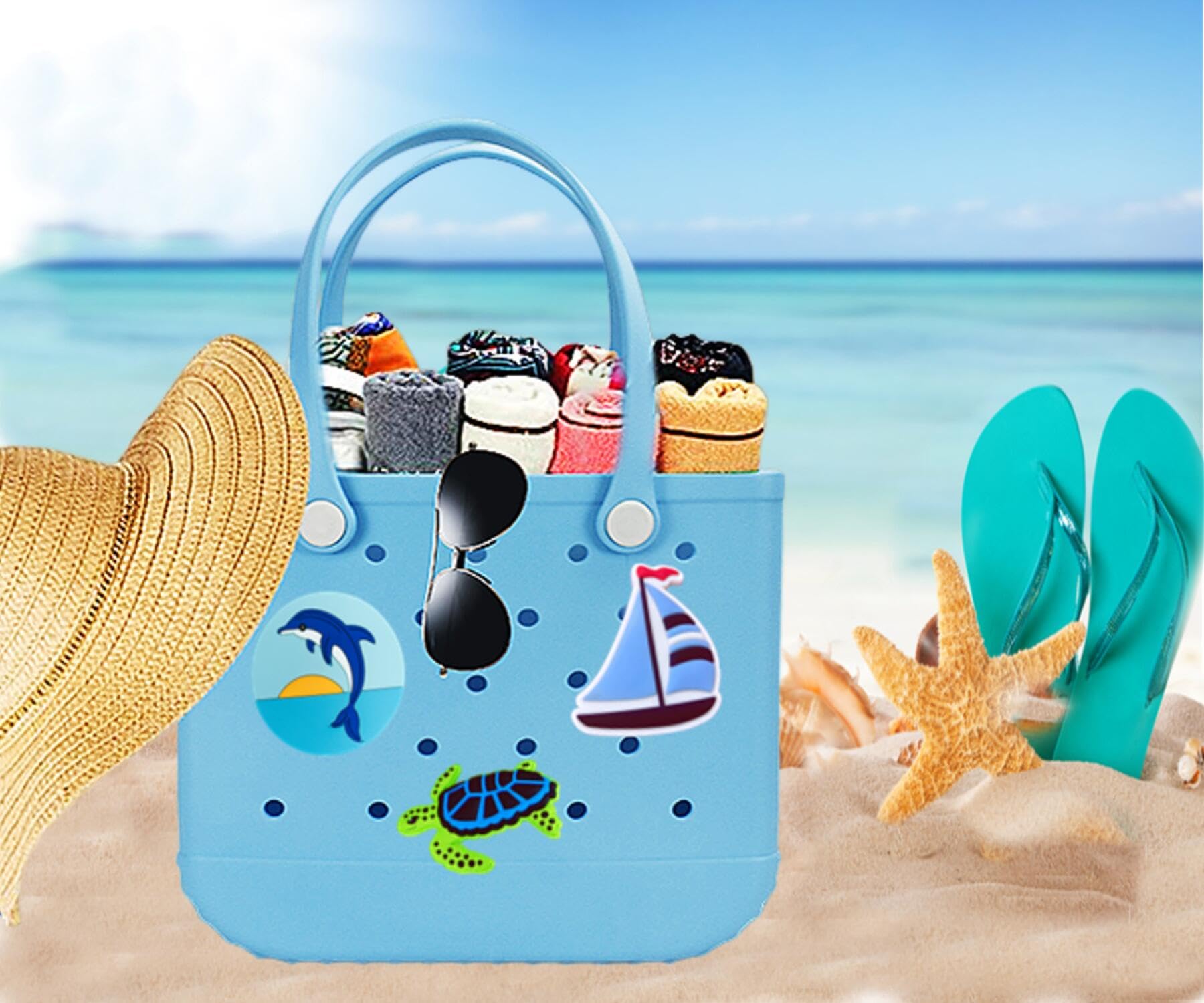 Lovyit Charm Accessories for Bogg Bag - Rubber Beach Bag Accessories Charm Insert, 3pcs Flowers Dolphin Beach Totes Charm Decoration Insert for Simply Southern Beach Totes Bag (3pcs, Dophlin+Sail)