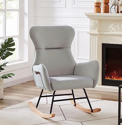 dotewe Nursery Rocking Chair,Upholstered Nursery Glider Rocker with High Backrest,Modern Rocking Chair Indoor for Living Room/Bedroom/Nursery (Grey Velvet)