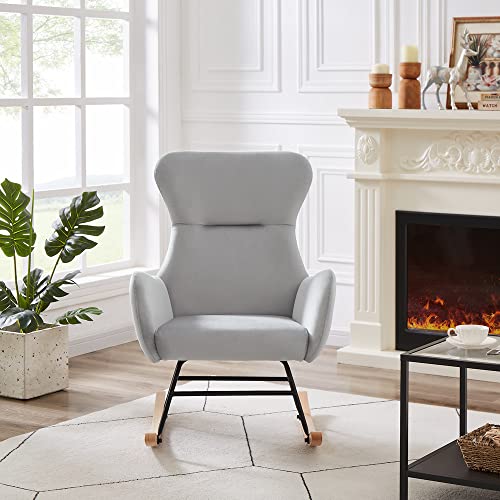 dotewe Nursery Rocking Chair,Upholstered Nursery Glider Rocker with High Backrest,Modern Rocking Chair Indoor for Living Room/Bedroom/Nursery (Grey Velvet)