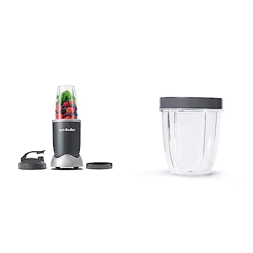 nutribullet Personal Blender for Shakes, Smoothies, Food Prep, and Frozen Blending, 24 Ounces, 600 Watt, Gray, (NBR-0601) & 18 Ounce Short Cup with Standard Lip Ring, Clear/Gray (NBM-U0269)