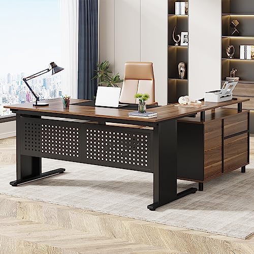 Tribesigns 63 Inch Executive Desk with File Cabinet, Large Office Desk L Shaped Computer Desk with Drawers and Storage Shelves, Business Furniture Desk Workstation for Home Office, Brown