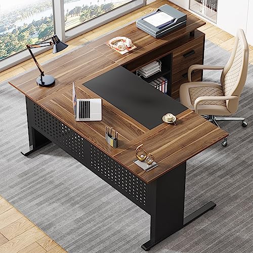 Tribesigns 63 Inch Executive Desk with File Cabinet, Large Office Desk L Shaped Computer Desk with Drawers and Storage Shelves, Business Furniture Desk Workstation for Home Office, Brown