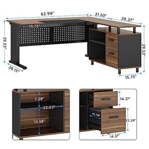 Tribesigns 63 Inch Executive Desk with File Cabinet, Large Office Desk L Shaped Computer Desk with Drawers and Storage Shelves, Business Furniture Desk Workstation for Home Office, Brown