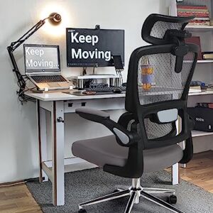 Mesh Ergonomic Office Chair with Flip Up Arms High Back Desk Chair -High Adjustable Headrest with Flip-Up Arms, Tilt Function, Lumbar Support Swivel Computer Chair Task Chair,Executive Chair, Gray