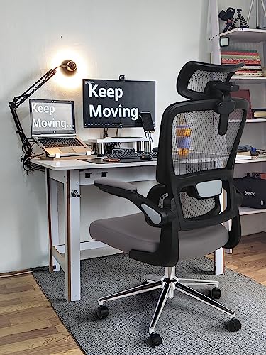 Mesh Ergonomic Office Chair with Flip Up Arms High Back Desk Chair -High Adjustable Headrest with Flip-Up Arms, Tilt Function, Lumbar Support Swivel Computer Chair Task Chair,Executive Chair, Gray