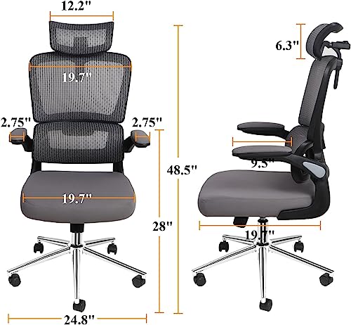 Mesh Ergonomic Office Chair with Flip Up Arms High Back Desk Chair -High Adjustable Headrest with Flip-Up Arms, Tilt Function, Lumbar Support Swivel Computer Chair Task Chair,Executive Chair, Gray