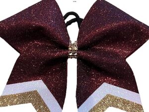 maroon/burgundy glitter cheer bow white/gold tails