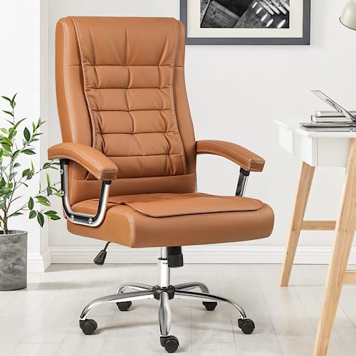 PUKAMI Home Office Desk Chair with Spring Seat,High Back Executive Office Chair,Ergonomic Computer Chair with Cushion Armrest,Height Adjustable Big and Tall PU Leather Chair with Lumbar Support(Khaki)