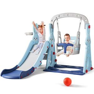 joyldias 4 in 1 toddler slide and swing set, kid climber slide playset w/safety belt, basketball hoop & ball, extra long slide, children toy game for indoor outdoor playground backyard (blue rabbit)