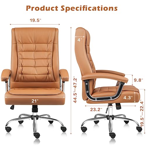 PUKAMI Home Office Desk Chair with Spring Seat,High Back Executive Office Chair,Ergonomic Computer Chair with Cushion Armrest,Height Adjustable Big and Tall PU Leather Chair with Lumbar Support(Khaki)