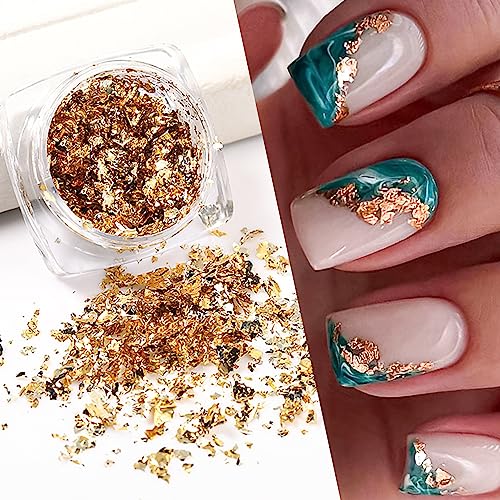 2 Bottles in Different Styles Gold Foil for Nails Golden Glitter Design Gold Foil Fragments and Irregular Gold Flakes for Nails 3D Glitter Nail Sequins Decoration