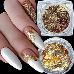 2 Bottles in Different Styles Gold Foil for Nails Golden Glitter Design Gold Foil Fragments and Irregular Gold Flakes for Nails 3D Glitter Nail Sequins Decoration