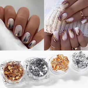 2 Bottles in Different Styles Gold Foil for Nails Golden Glitter Design Gold Foil Fragments and Irregular Gold Flakes for Nails 3D Glitter Nail Sequins Decoration