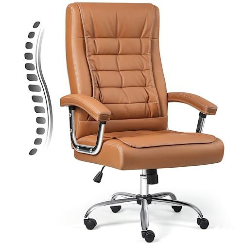 LEMBERI Office Desk Chair, Spring Seat Cushion Executive Office Chairs, Ergonomic High Back Computer Desk Chair, Big and Tall Swivel Adjustable Height PU Leather Chairs with Padded Armrest (Khaki)