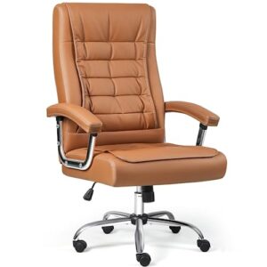 LEMBERI Office Desk Chair, Spring Seat Cushion Executive Office Chairs, Ergonomic High Back Computer Desk Chair, Big and Tall Swivel Adjustable Height PU Leather Chairs with Padded Armrest (Khaki)