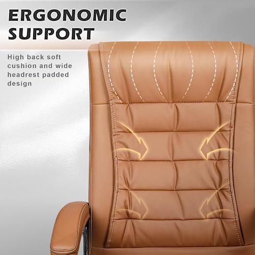 LEMBERI Office Desk Chair, Spring Seat Cushion Executive Office Chairs, Ergonomic High Back Computer Desk Chair, Big and Tall Swivel Adjustable Height PU Leather Chairs with Padded Armrest (Khaki)