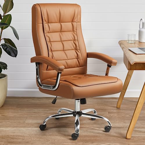 LEMBERI Office Desk Chair, Spring Seat Cushion Executive Office Chairs, Ergonomic High Back Computer Desk Chair, Big and Tall Swivel Adjustable Height PU Leather Chairs with Padded Armrest (Khaki)