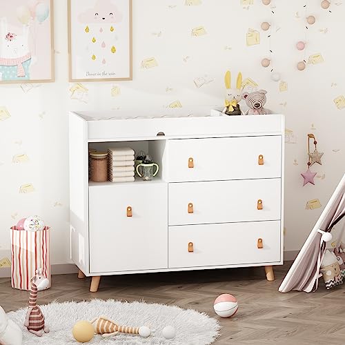 DAWNSPACES Baby Changing Table Dresser for Nursery, Infants Dresser Chest with 4 Drawers, Shelf, Storage Diaper Changing Station for Daycare, White