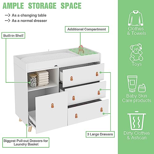 DAWNSPACES Baby Changing Table Dresser for Nursery, Infants Dresser Chest with 4 Drawers, Shelf, Storage Diaper Changing Station for Daycare, White