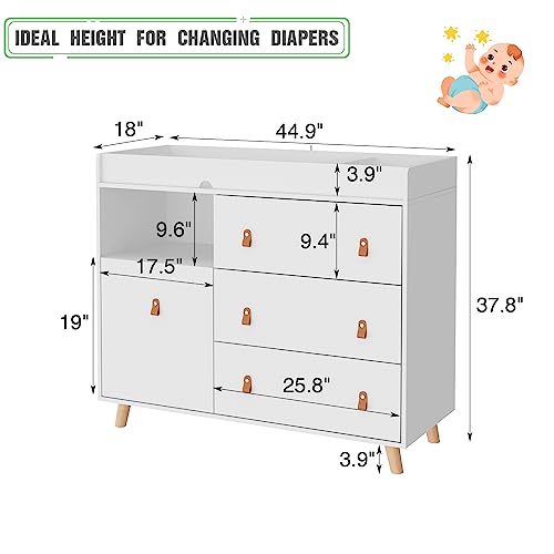 DAWNSPACES Baby Changing Table Dresser for Nursery, Infants Dresser Chest with 4 Drawers, Shelf, Storage Diaper Changing Station for Daycare, White