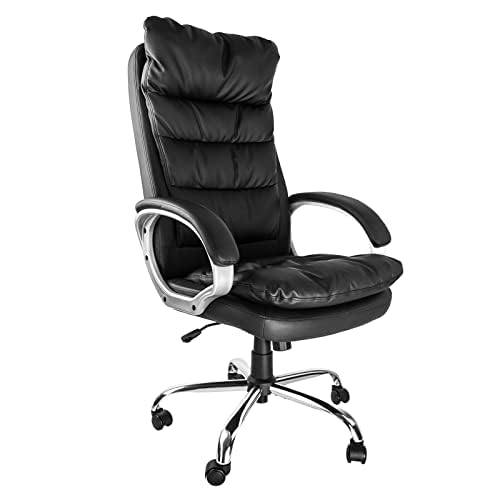 DOZZZ Computer Desk Chair with Wheels and Padded Arms, Ergonomic PU Leather Swivel Home Office Chair with Double Seat Cushion, Adjustable High Back Comfort Executive Office Chair (Black) (1PACK)