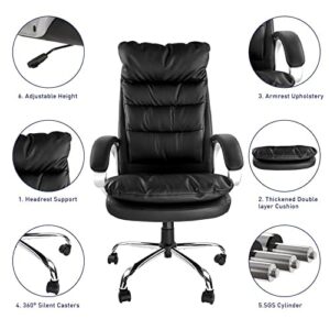 DOZZZ Computer Desk Chair with Wheels and Padded Arms, Ergonomic PU Leather Swivel Home Office Chair with Double Seat Cushion, Adjustable High Back Comfort Executive Office Chair (Black) (1PACK)