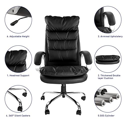 DOZZZ Computer Desk Chair with Wheels and Padded Arms, Ergonomic PU Leather Swivel Home Office Chair with Double Seat Cushion, Adjustable High Back Comfort Executive Office Chair (Black) (1PACK)