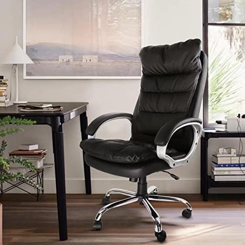 DOZZZ Computer Desk Chair with Wheels and Padded Arms, Ergonomic PU Leather Swivel Home Office Chair with Double Seat Cushion, Adjustable High Back Comfort Executive Office Chair (Black) (1PACK)