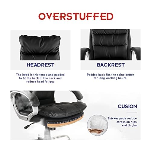 DOZZZ Computer Desk Chair with Wheels and Padded Arms, Ergonomic PU Leather Swivel Home Office Chair with Double Seat Cushion, Adjustable High Back Comfort Executive Office Chair (Black) (1PACK)