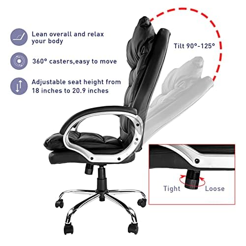 DOZZZ Computer Desk Chair with Wheels and Padded Arms, Ergonomic PU Leather Swivel Home Office Chair with Double Seat Cushion, Adjustable High Back Comfort Executive Office Chair (Black) (1PACK)