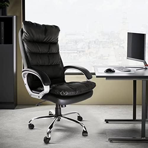 DOZZZ Computer Desk Chair with Wheels and Padded Arms, Ergonomic PU Leather Swivel Home Office Chair with Double Seat Cushion, Adjustable High Back Comfort Executive Office Chair (Black) (1PACK)